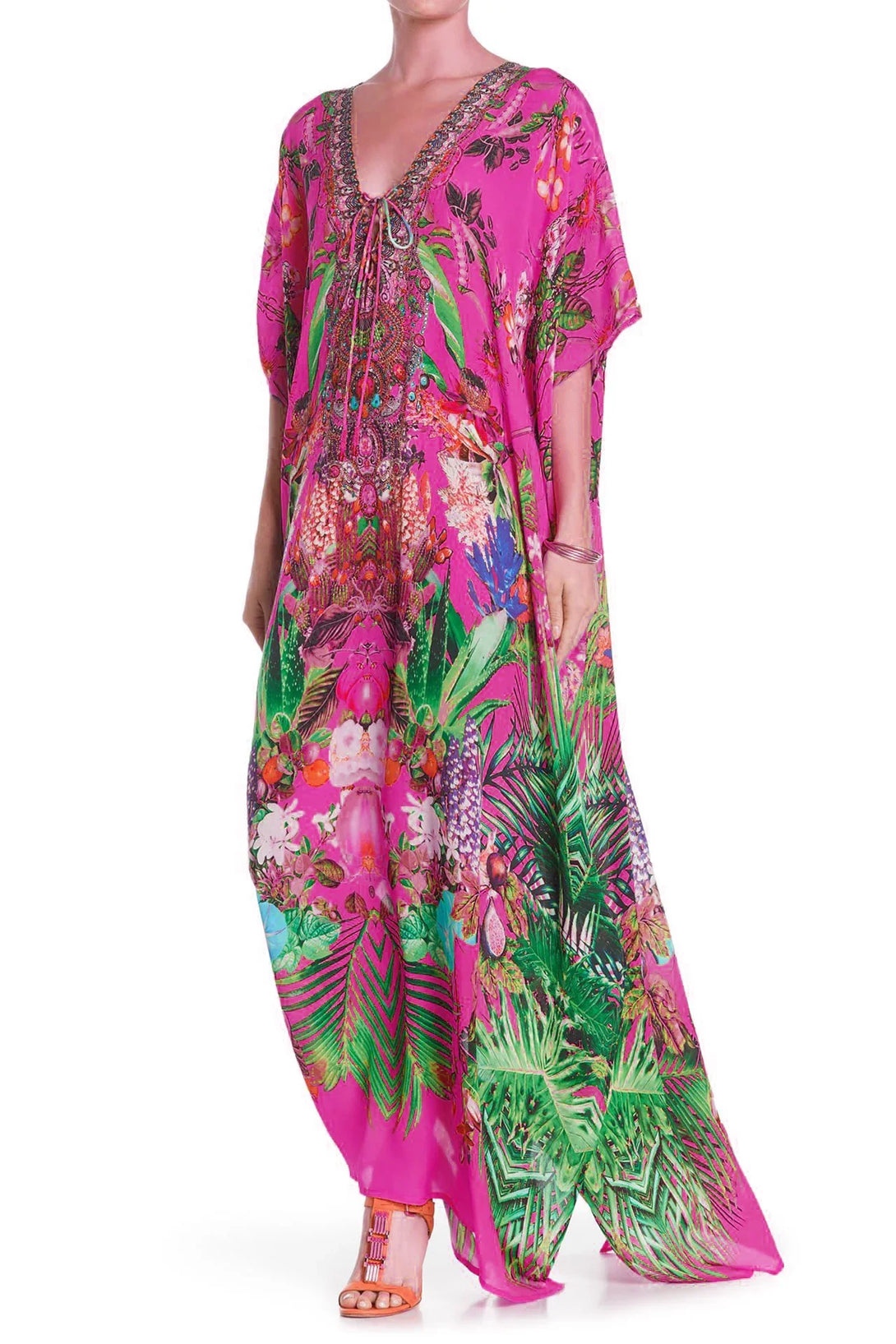 Pink Tropical Botanical Kaftan Maxi Dress | Shahida – Shahida Parides