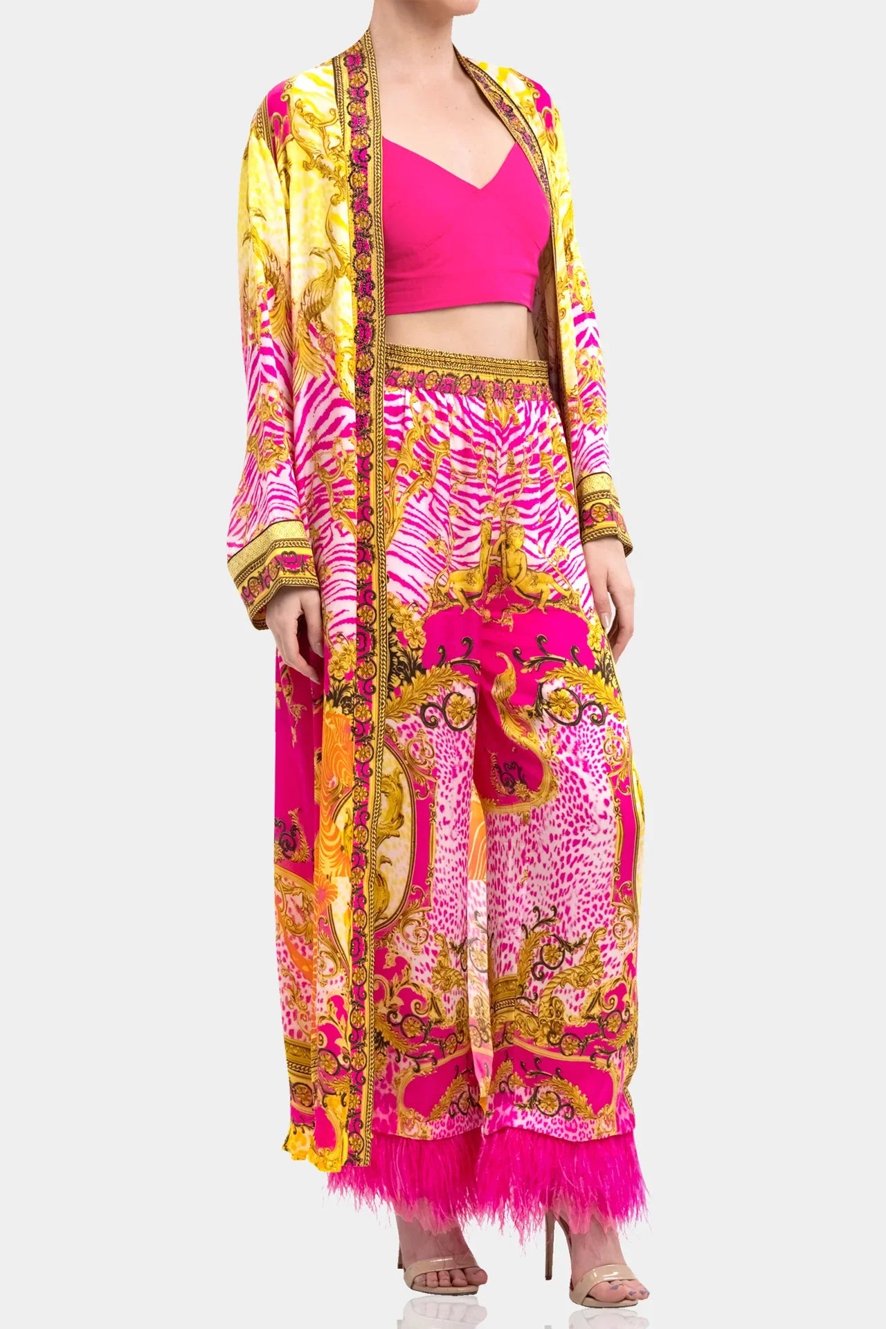 Printed Robe Dress in Pink - Bride Silk Robes | Silk Kimono Robe in ...