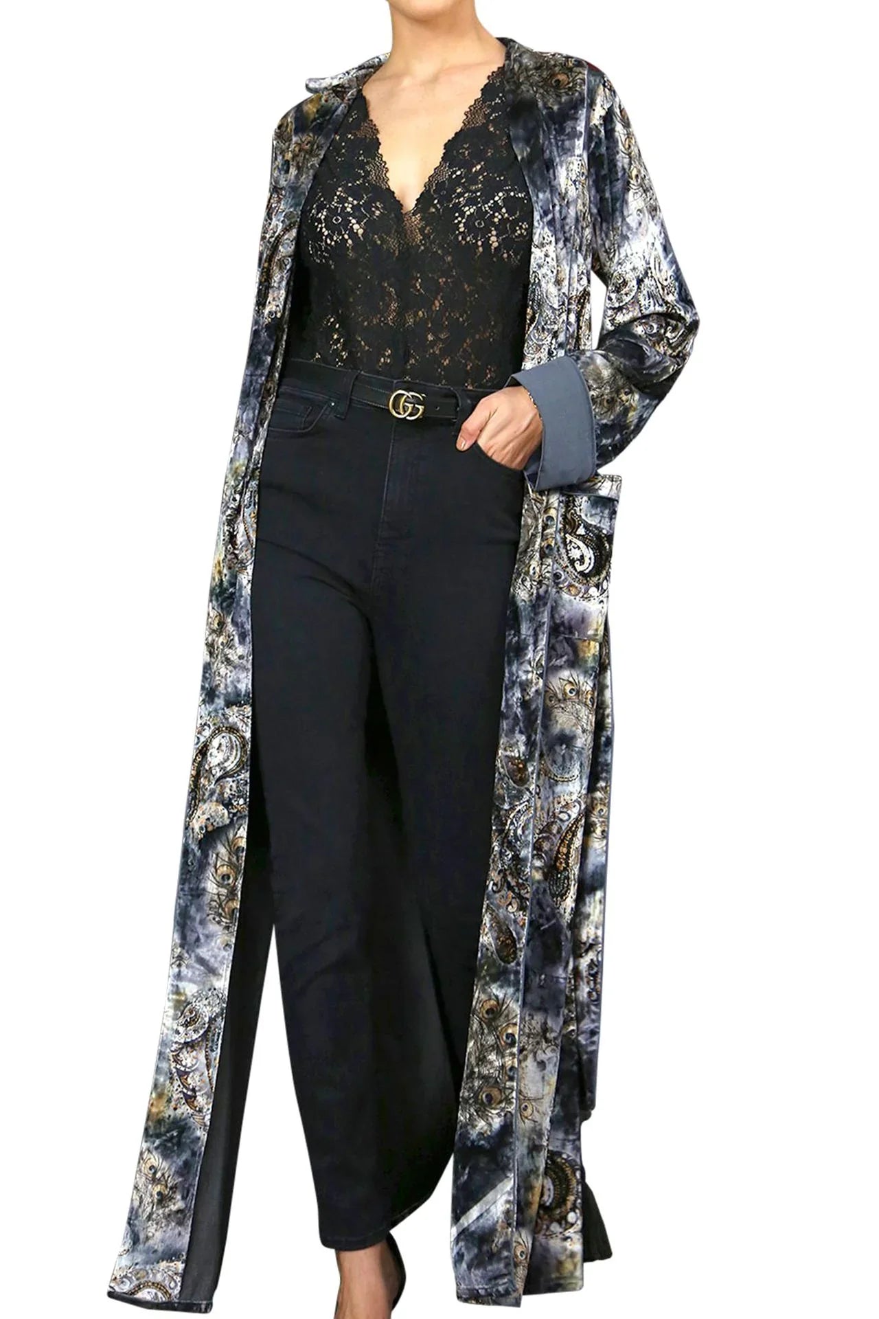 Velvet Long Duster Jacket in Peacock Print – Shahida Parides