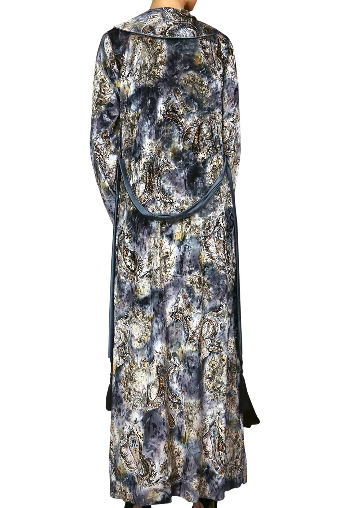 Velvet Long Duster Jacket in Peacock Print – Shahida Parides