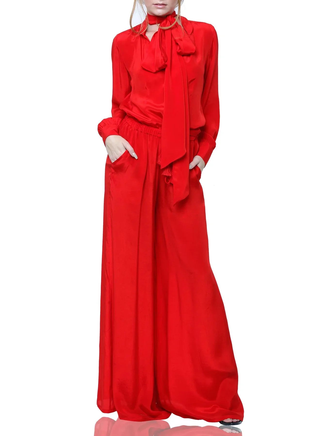 Designer Red Wide Leg Pants : Printed Pants for Women { Loungewear Silk ...